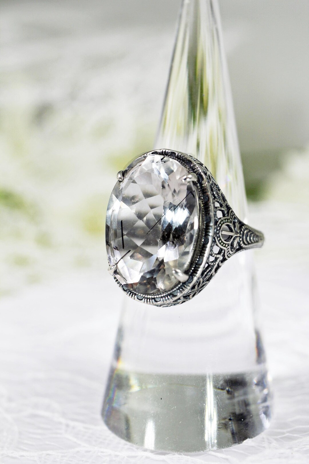 Tourmalinated Quartz Ring, Sterling Silver Filigree Setting, Antique ...