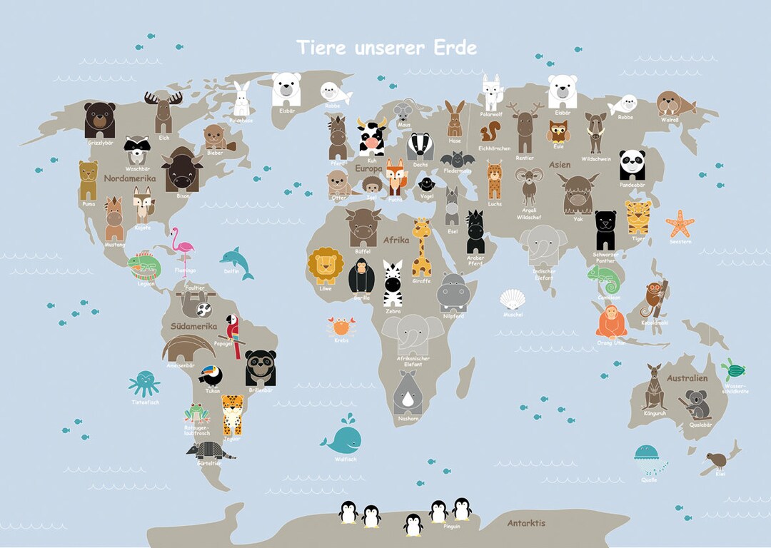 Poster World Map A2, World Map With Animals, Poster World Map, Animals ...