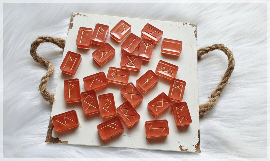Rune Set Oracle 25 Rune Stones in Red/gold Color Made of Synthetic ...