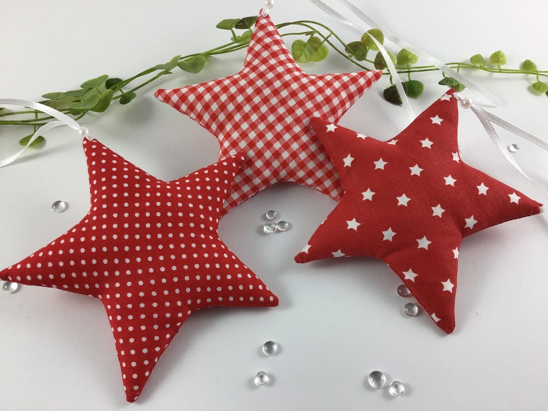 3 Stars in Red/white, Decoration Stars, Fabric Stars, Dots, Diamonds ...