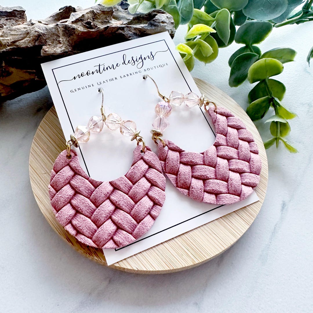 Pink Woven Genuine Leather Half Loop Earrings, Real Leather Earrings ...