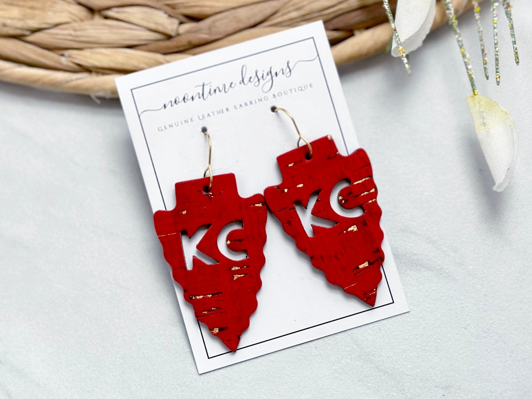 KC Red Arrowhead Cork & Genuine Leather Earrings, Kansas City Chiefs ...