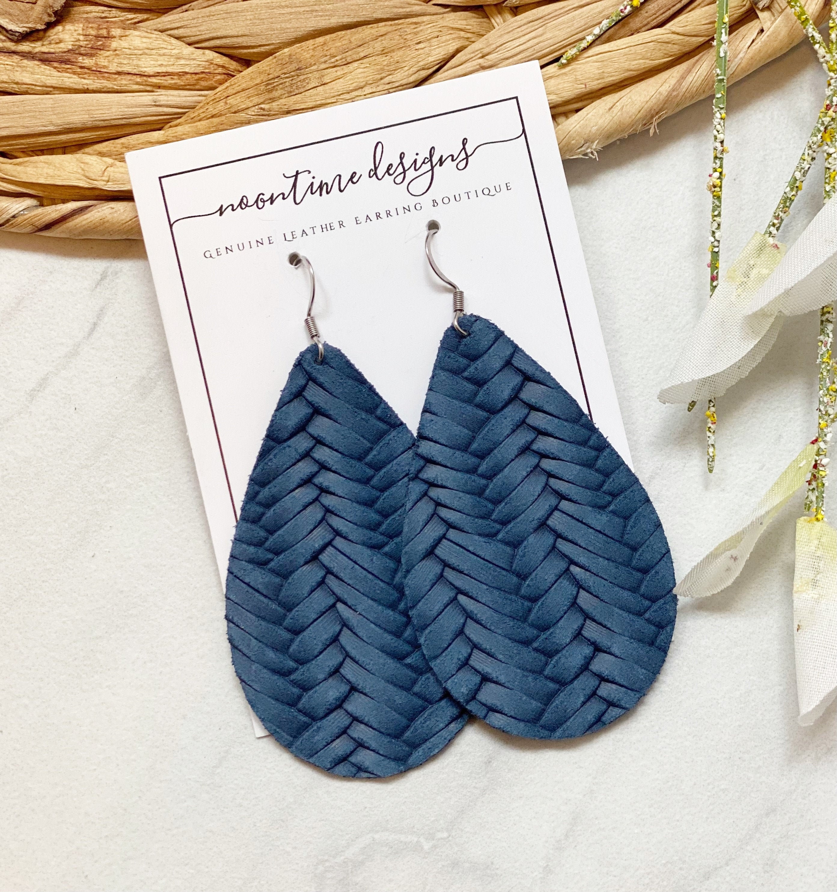 Admiral Blue Woven Fishtail Leather Earrings, Fishtail Leather, Genuine ...