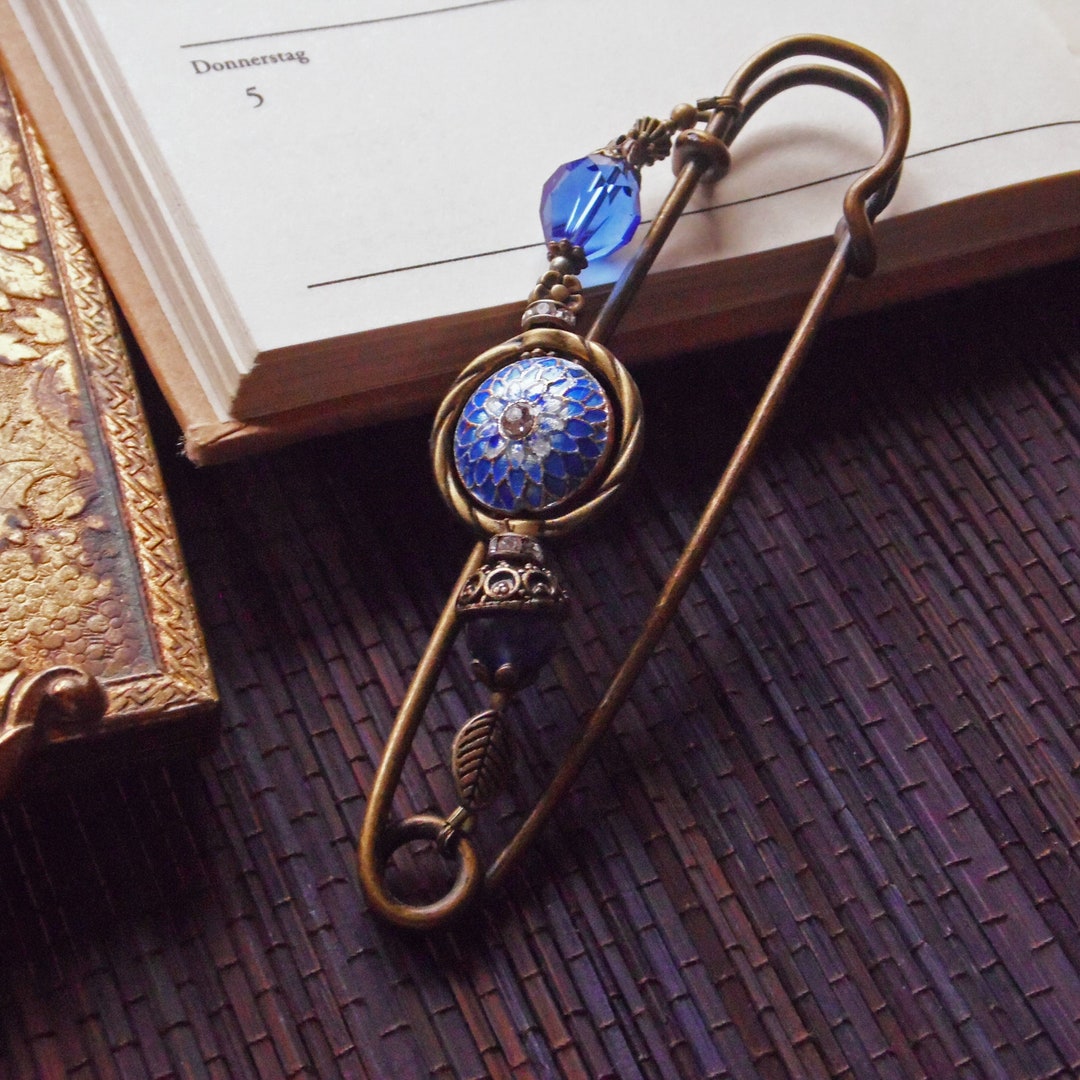 Cloisonné Cloth Pin Blue Flower Art Deco, Very Large Bronze Decorative ...