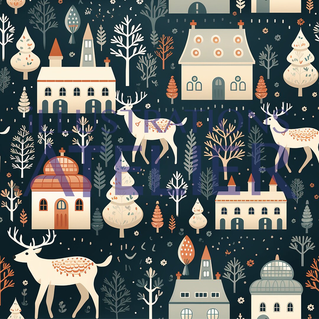 Nordic Christmas With Reindeers Seamless Pattern 1 Digital Print Scandi ...