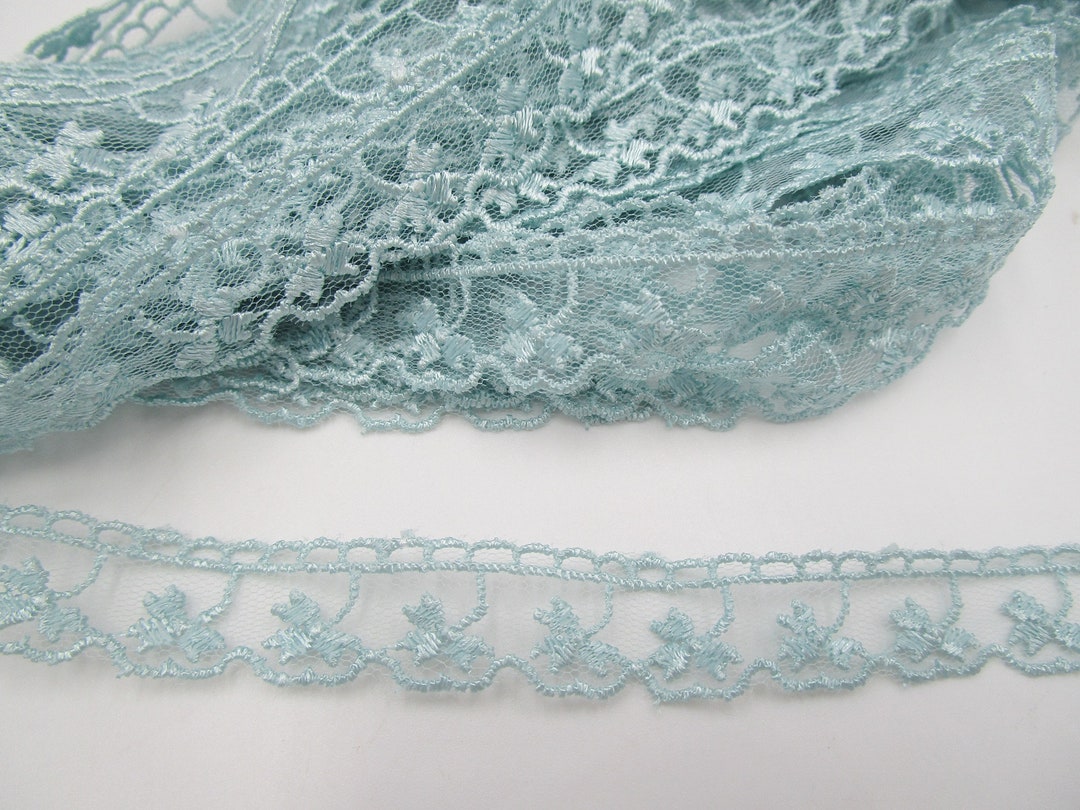 1.50 M Narrow Net Lace Border With Scalloped Edge and Embroidery Petrol ...