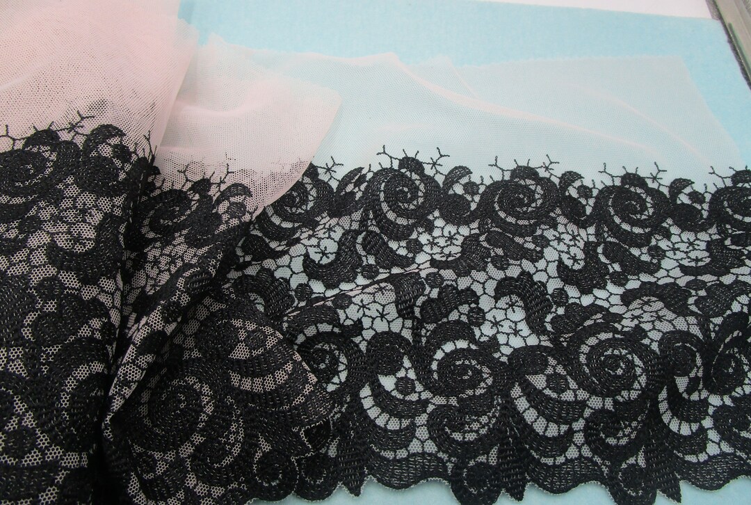 1 M Wide Pink Net Lace Border With Black Embroidery 23 Cm - Etsy