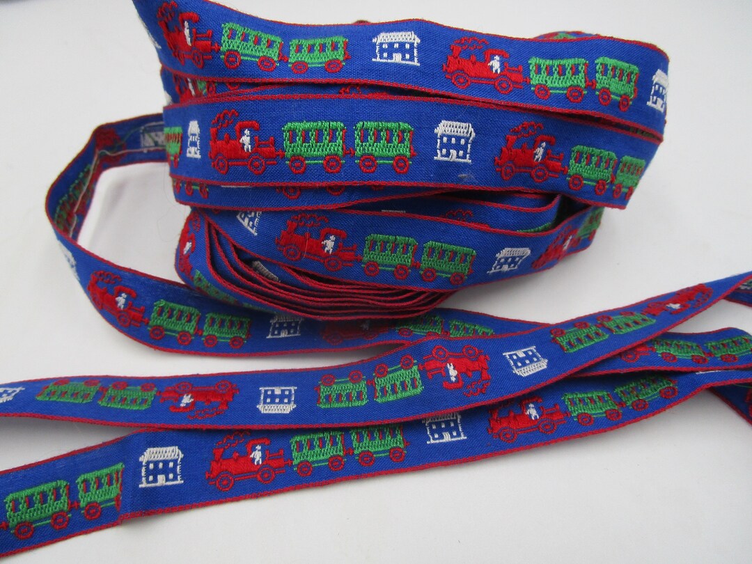 1.50 M Narrow Woven Ribbon Blue With Pattern children's Motif White/red ...