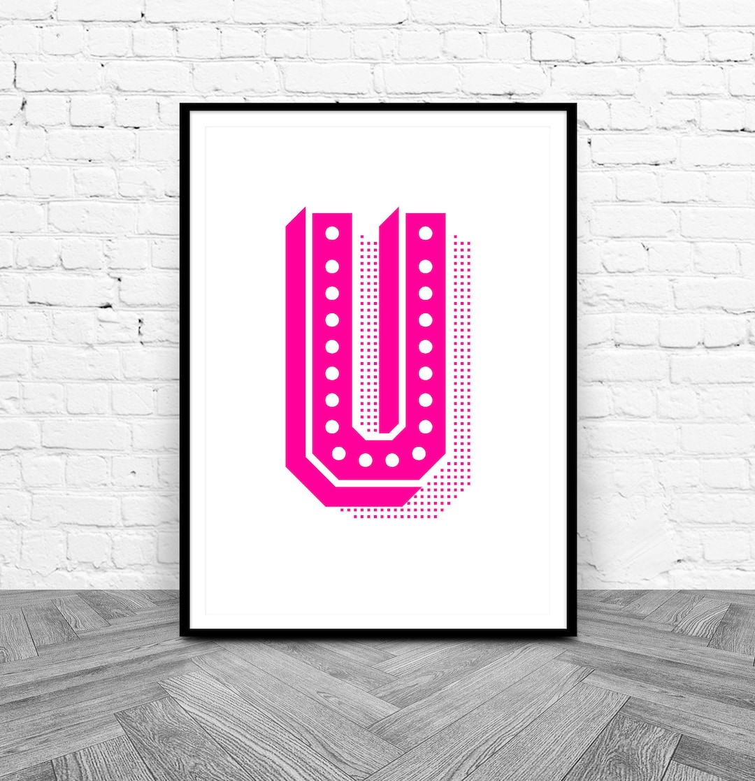 U Letter U Wall Art, Monogram Poster, Digital Download, Neon Pink ...
