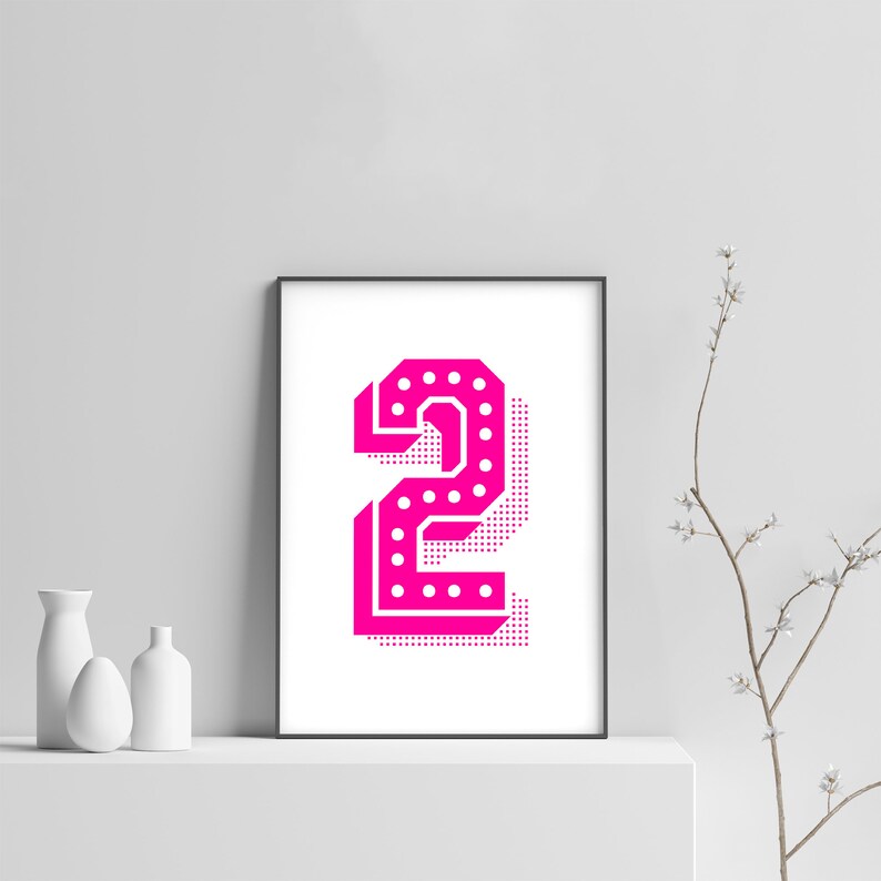 2 Number Two Wall Art, Neon Pink Print, 2 Printable Poster, Girls ...