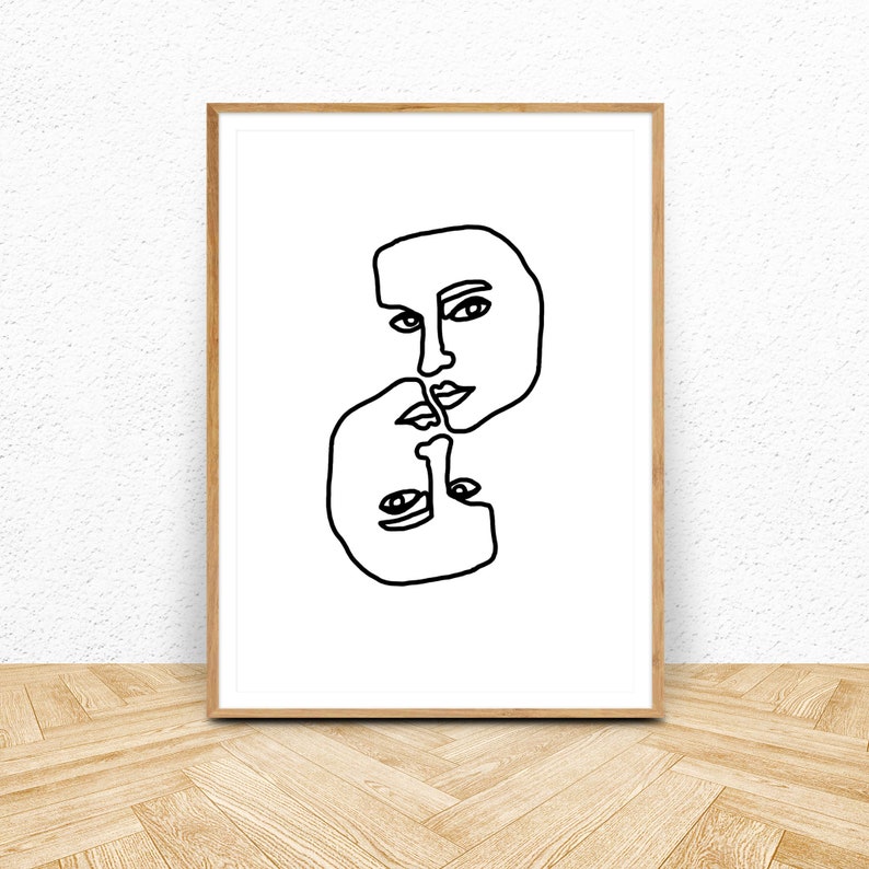 Two Faces Line Art, Minimalist Wall Art, Line Drawing Printable Poster ...