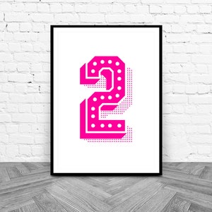 2 Number Two Wall Art, Neon Pink Print, 2 Printable Poster, Girls ...