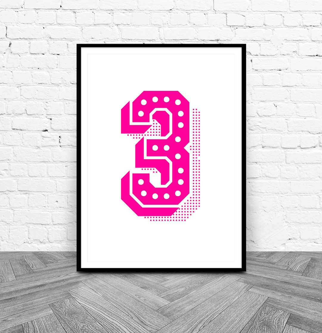 3 Number 3 Print Digital Download in Hot Neon Pink, Printable Three ...