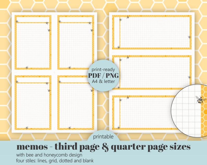 PRINTABLE Bee Honeycomb Gold-yellow Note Paper, Lined, Checkered/grid ...