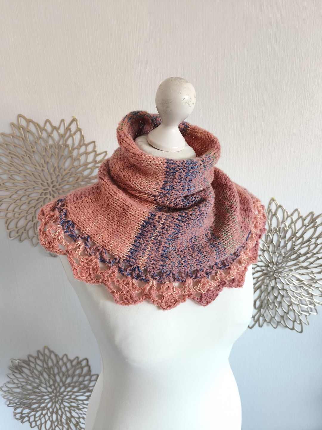 Loop Scarf With Crocheted Lace, Pink and Multicolored, Infinity Scarf ...