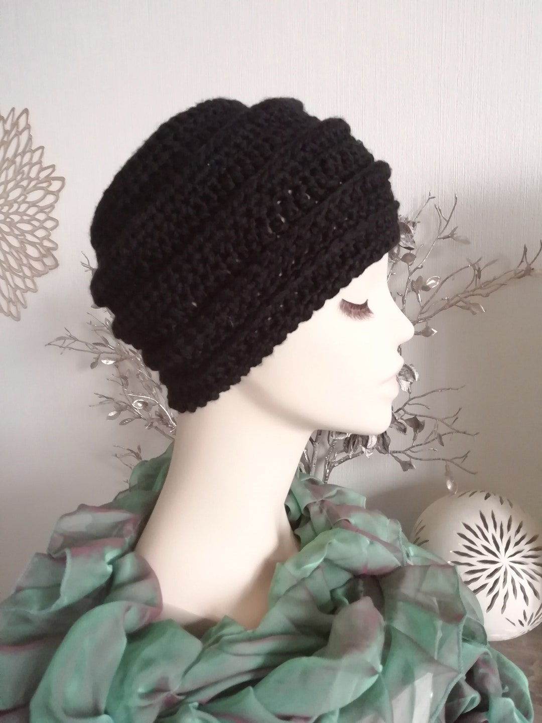 Small Black Hat Cap, S-M Classic Knitted Hat, Crocheted Layered Hat ...