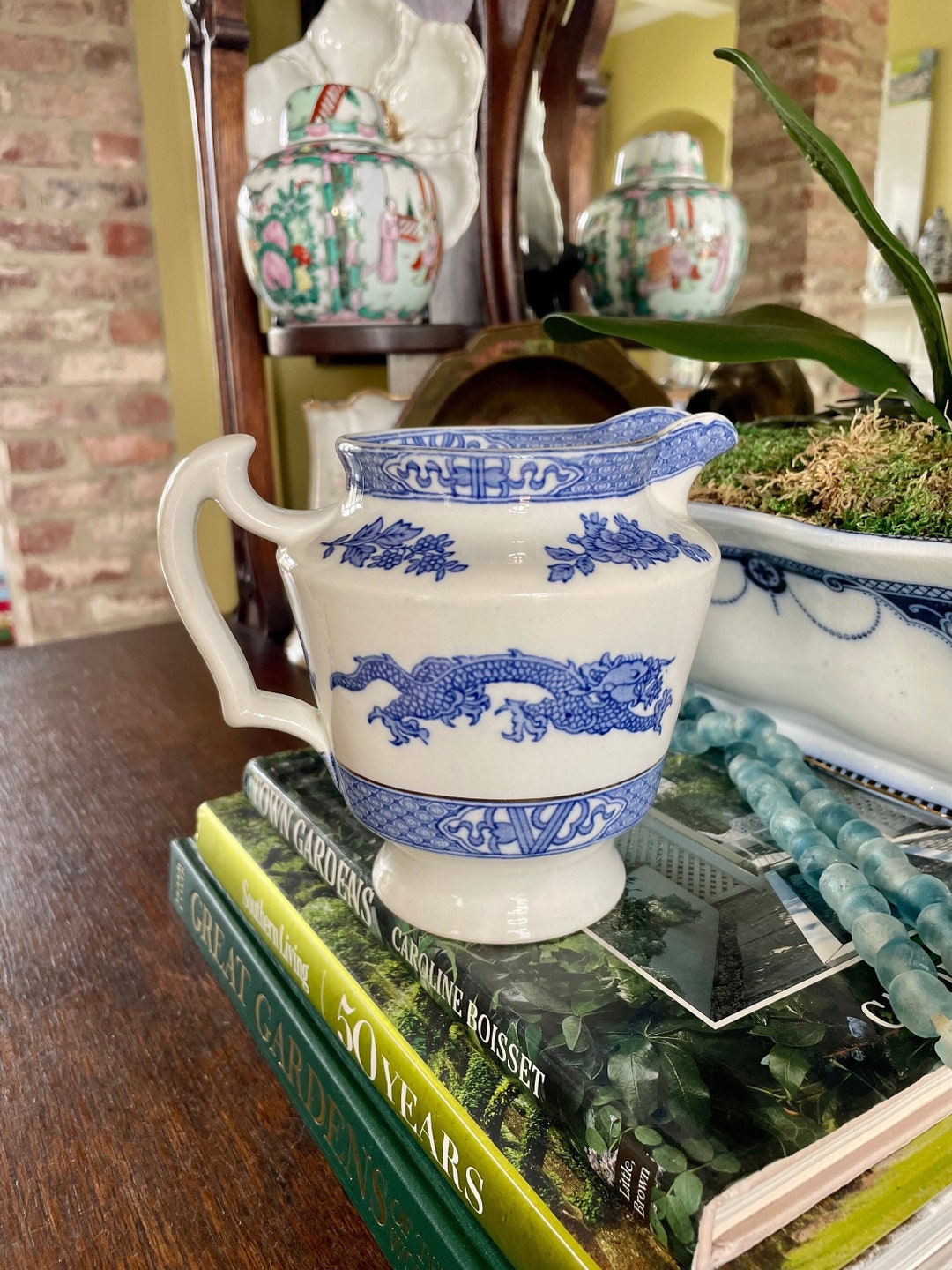 Antique Blue and White Staffordshire Pitcher With Chinoiserie Transfer ...