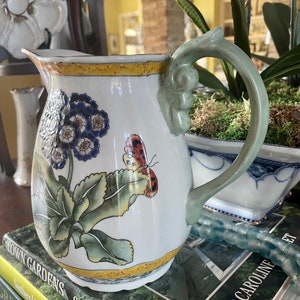 Vintage Enameled Pitcher With Raised Textural Hydrangea and Butterfly ...