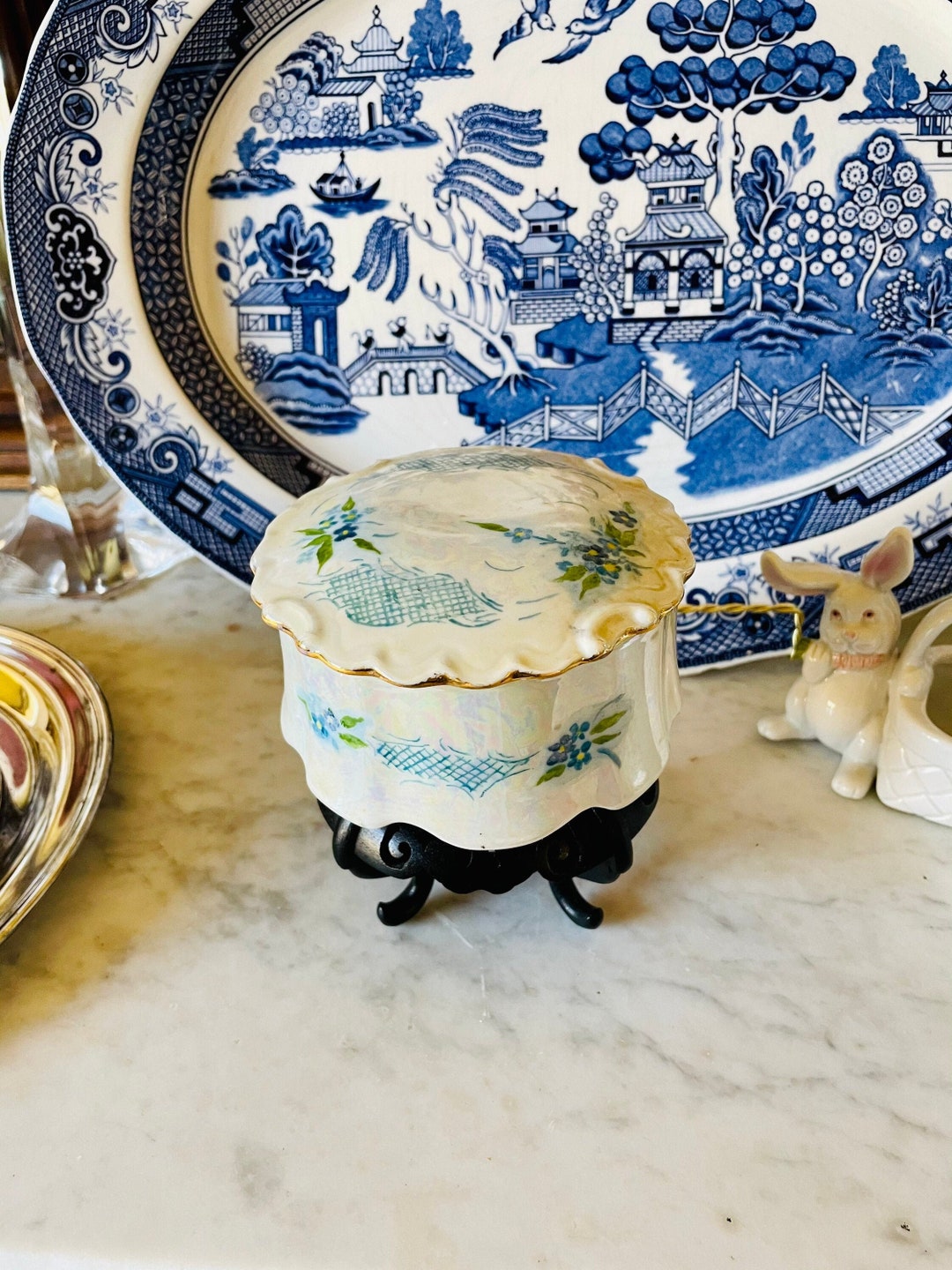 Vintage Jar Dresser Jar Opalescent Lustreware Blue and White Hand ...