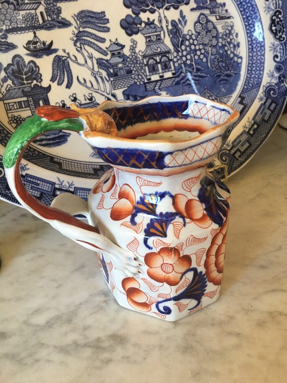 Antique Gaudy Welsh Milk Jug with Lion Hydra Handle Bethesda Pattern ...