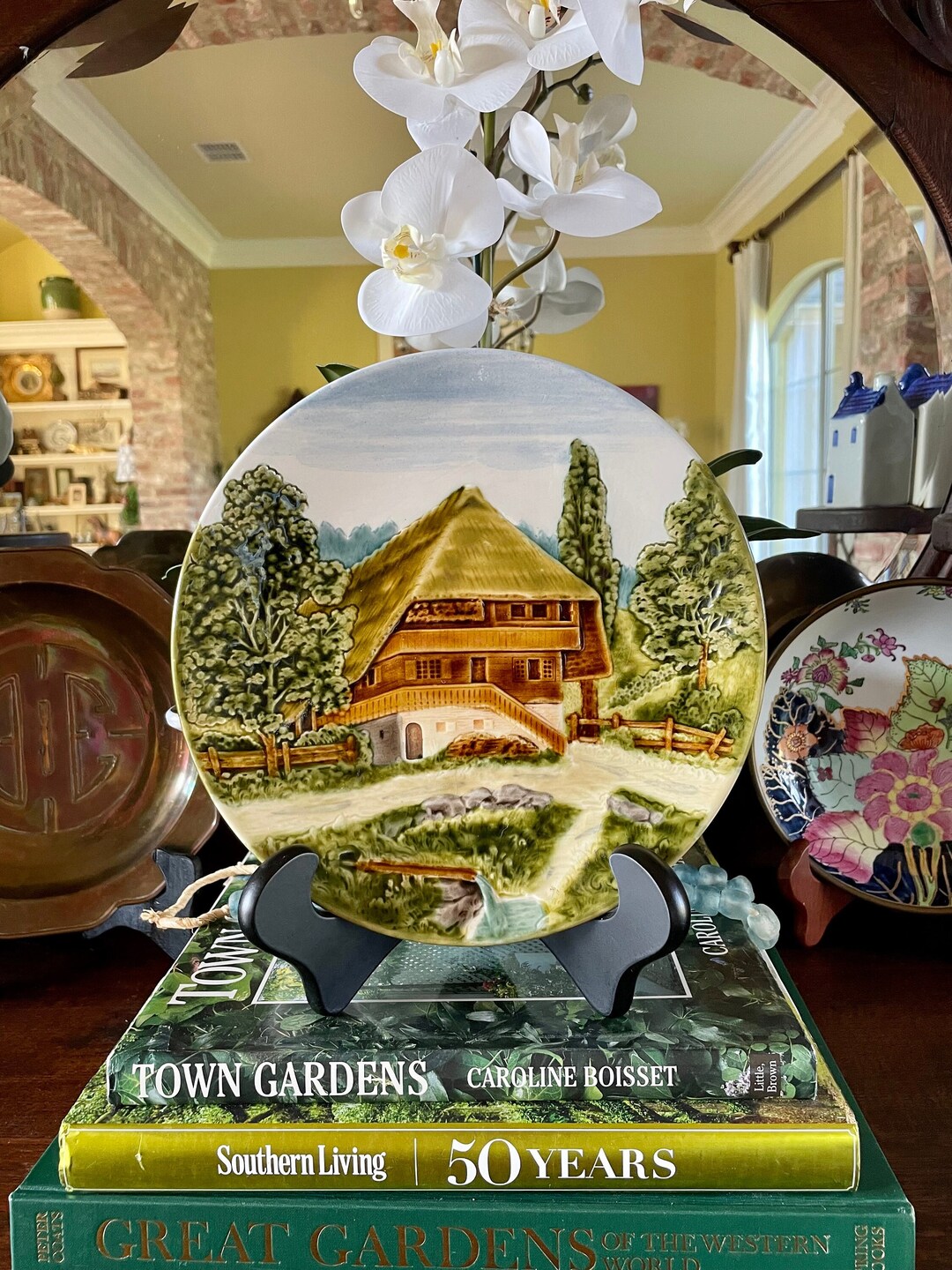 Vintage German Majolica Plate Featuring a Chalet in the Alps Made by GS ...