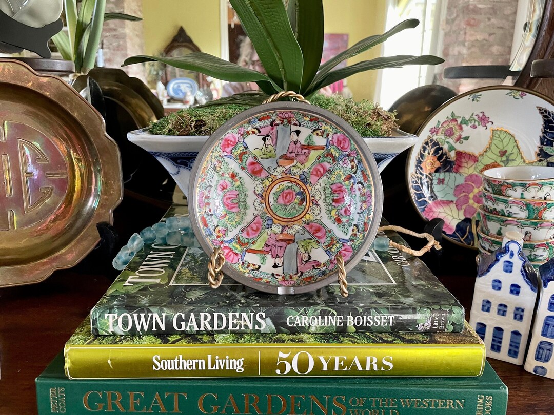 Vintage Rose Medallion Bowl, Pewter Encased Famille Rose Canton Pattern ...