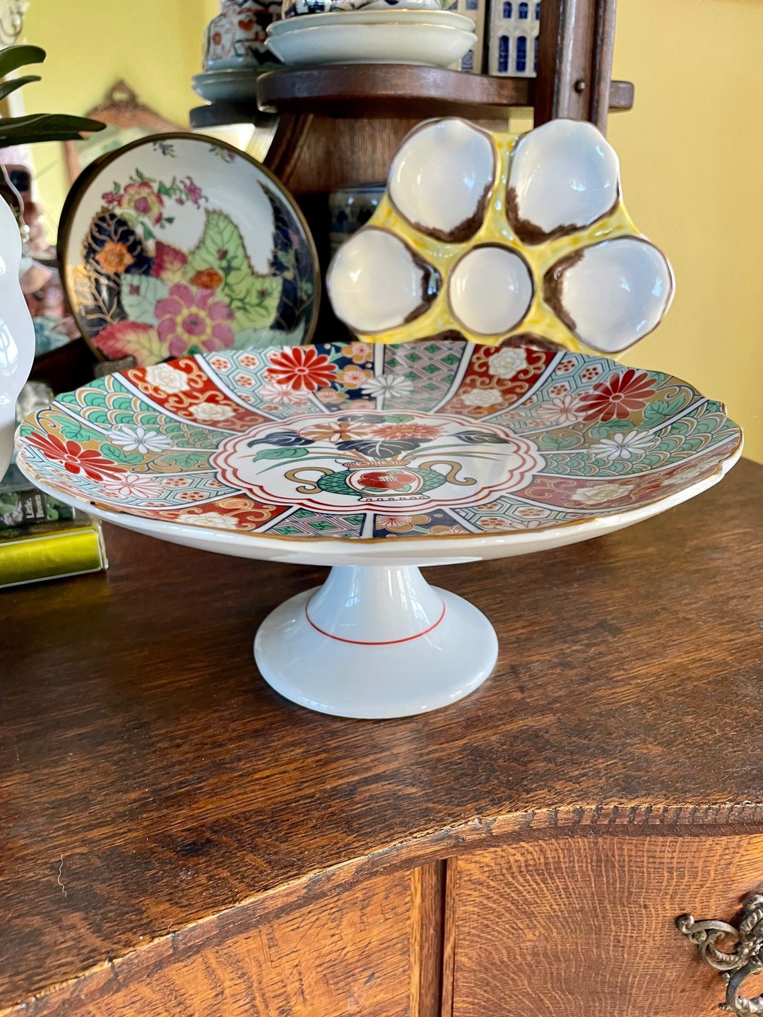Vintage Chinoiserie Imari Arita Pedestal Plate: Fan Pattern Display - Etsy