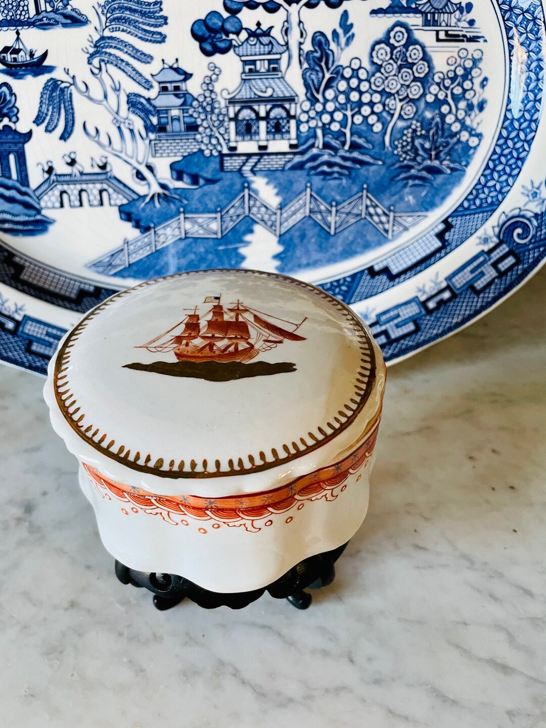 Vintage Dresser or Desk Jar With Finely Painted American Sailing Ship ...