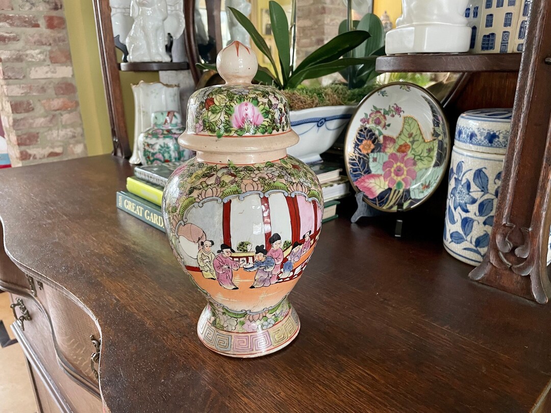 Vintage Rose Medallion Ginger Jar With Greek Key Detail, Famille Rose ...