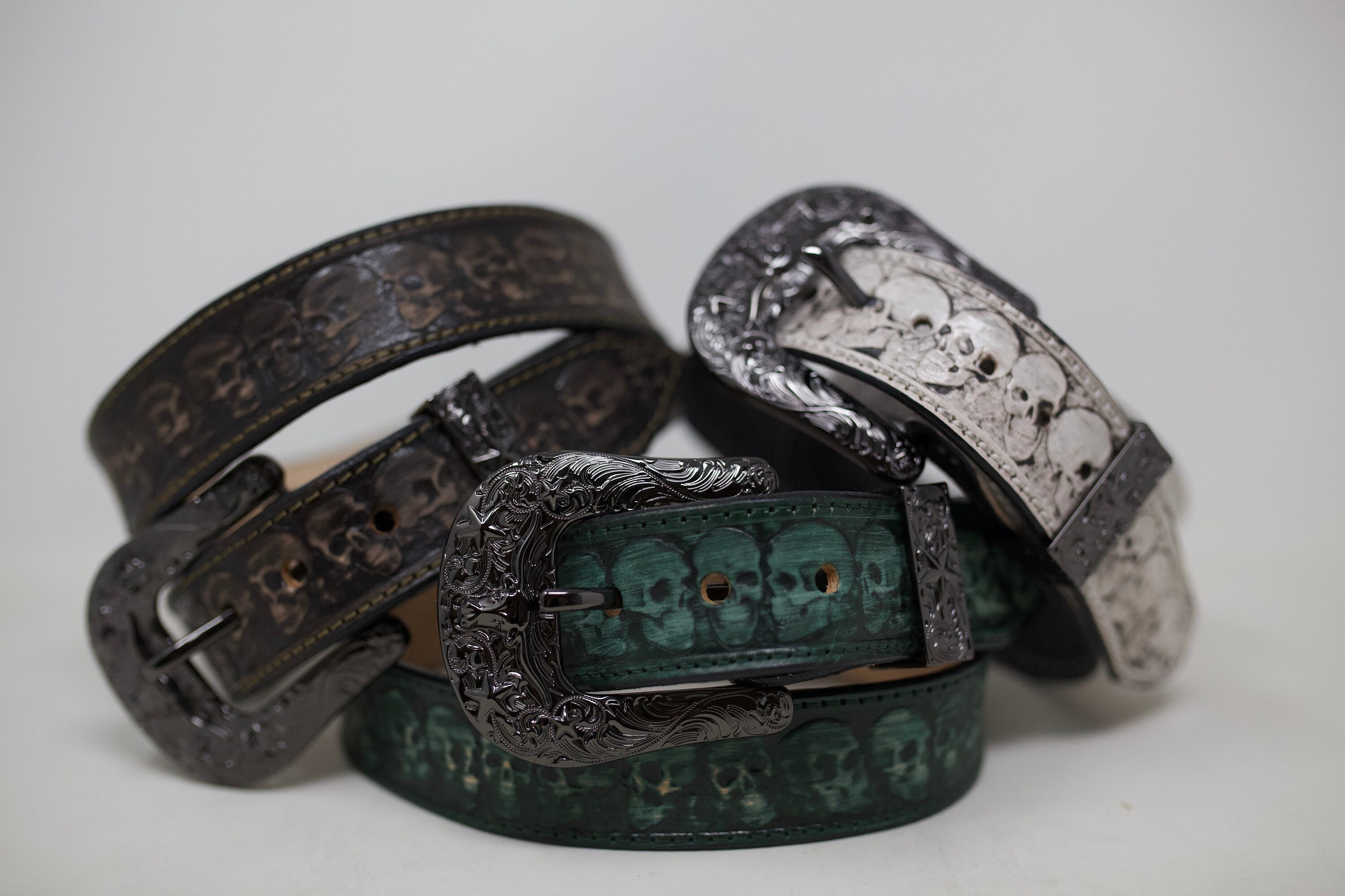 Skull Handtooled Belt, Western Leather Belt, Hand Painted Belt With ...