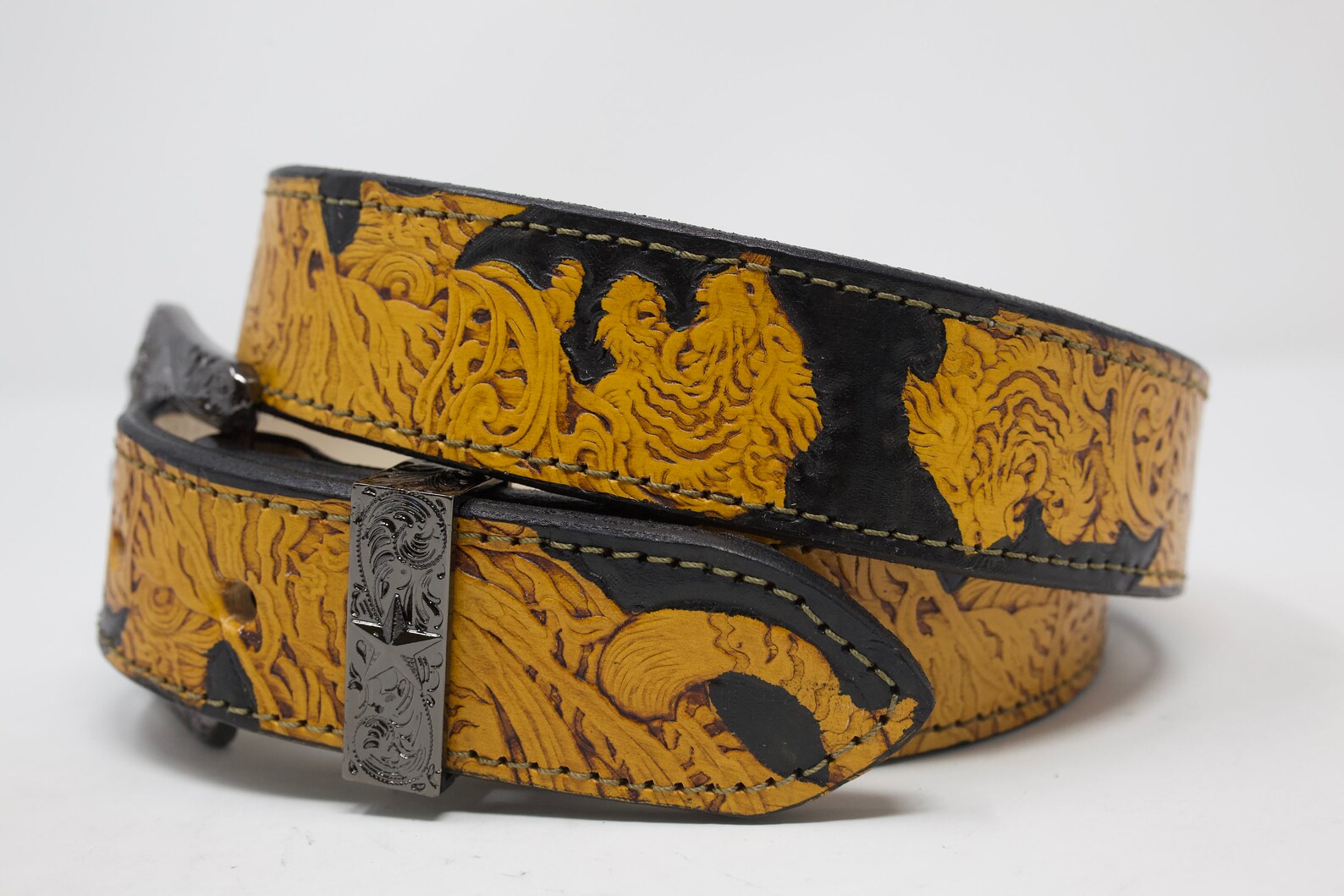 Handtooled Tiger Belt, (1.5’’) Western Leather Belt, Hand Painted Belt ...