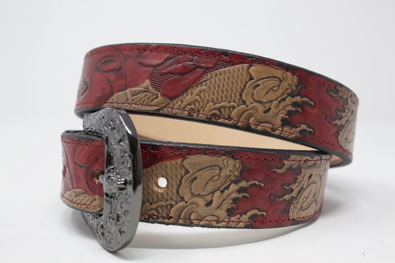 Handtooled Koi Fish Belt, Western Leather Belt, Hand Painted Belt With ...