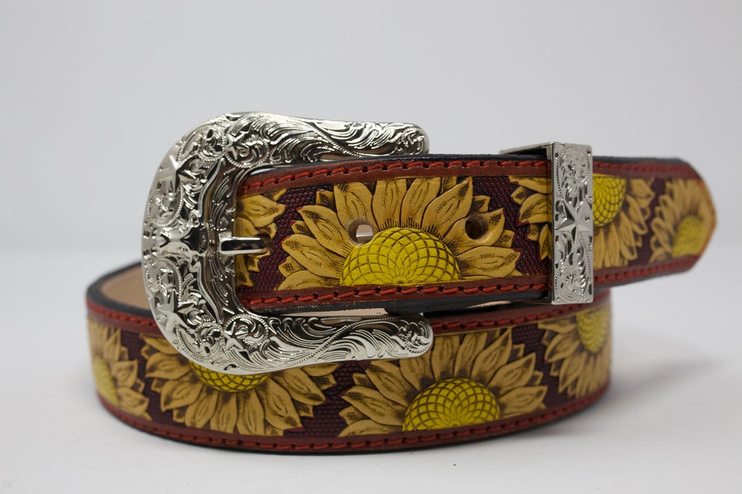 Sunflower Handtooled Belt, Western Leather Belt, Hand Painted Belt With ...