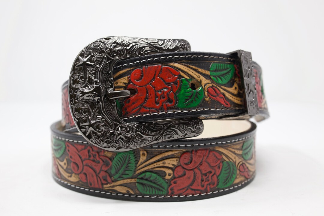 Handtooled Rose Belt, Western Leather Belt, Hand Painted Belt With ...