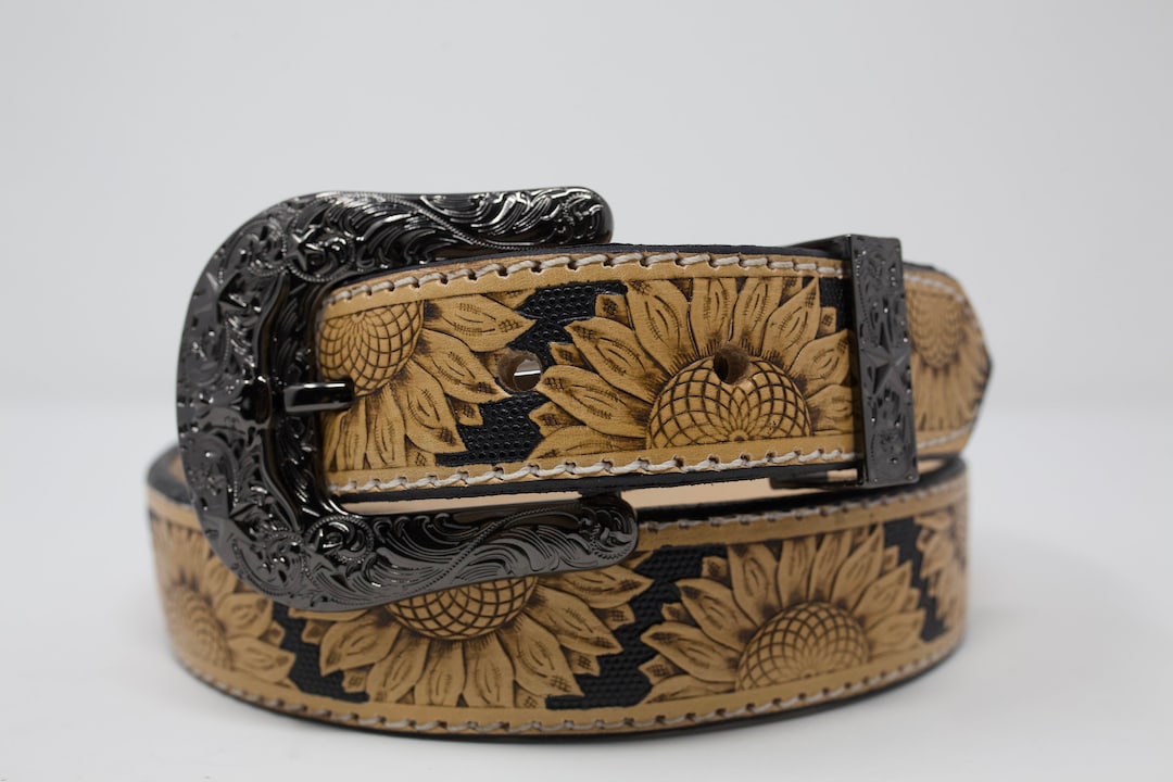 Sunflower Handtooled Belt, Western Leather Belt, Hand Painted Belt With ...
