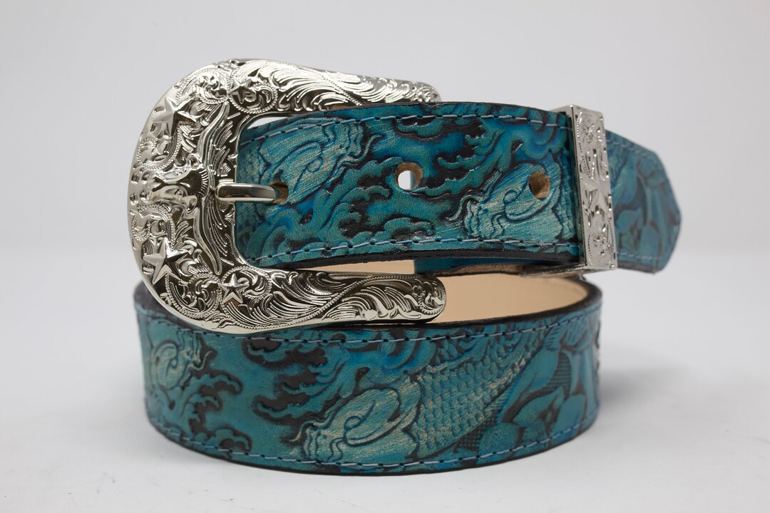 Handtooled Koi Fish Belt, Western Leather Belt, Hand Painted Belt With ...