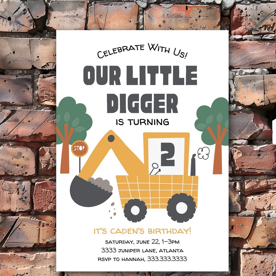 Little Digger Birthday Invitation, Editable Construction Invitation ...