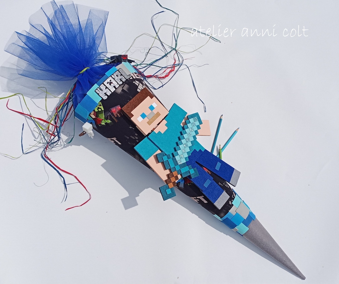 School Cone With Steve Skin, Candy Cone for Gamers, Blue, Handmade, 3D ...