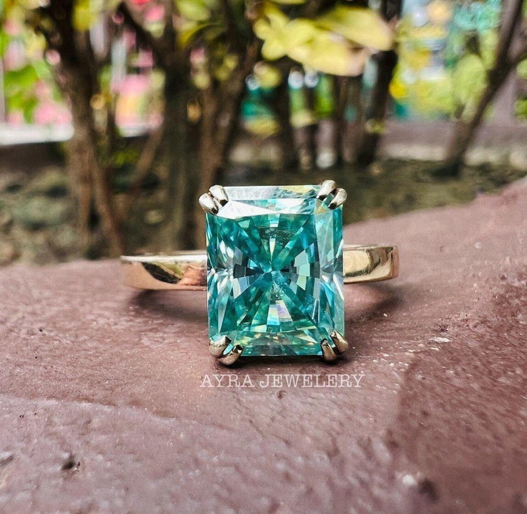 2.5CT Cyan Blue Radiant Cut Engagement Ring, Colored Moissanite Ring ...