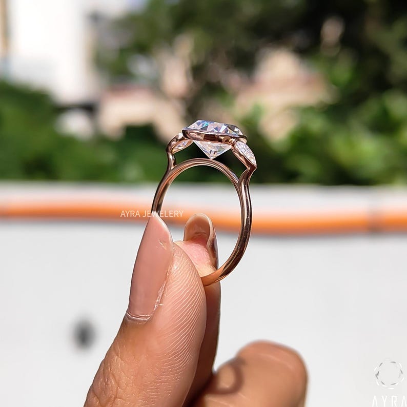 Three Stone 3 CT Pear Cut Bezel Set Engagement Ring Pear Cut Moissanite Ring 14K Gold Wedding ...