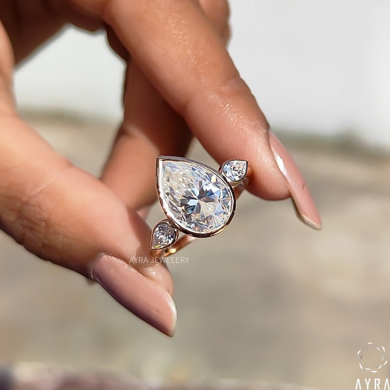 Three Stone 3 CT Pear Cut Bezel Set Engagement Ring Pear Cut Moissanite ...
