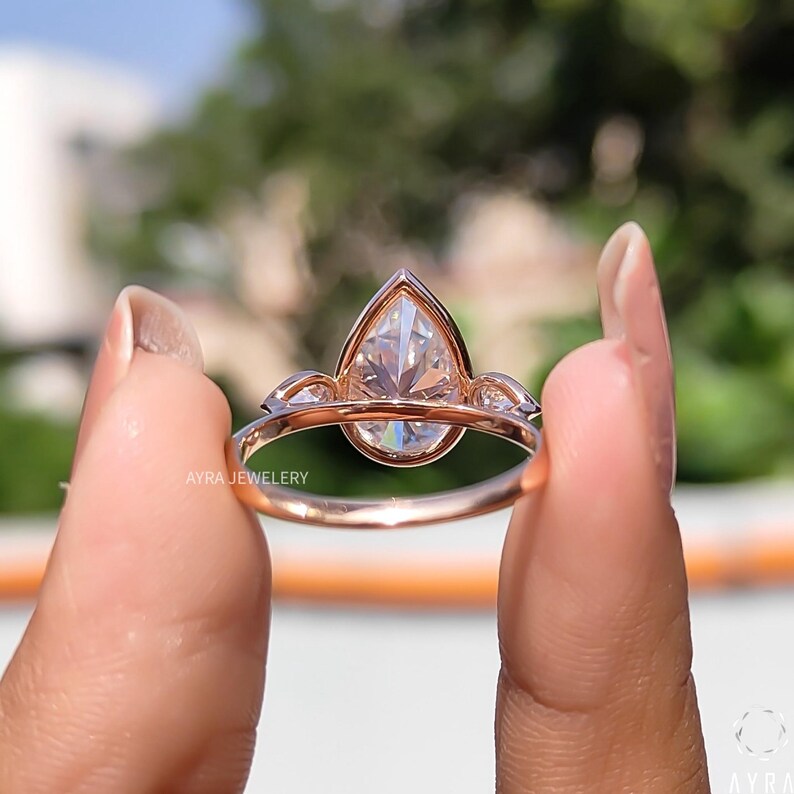 Three Stone 3 CT Pear Cut Bezel Set Engagement Ring Pear Cut Moissanite ...