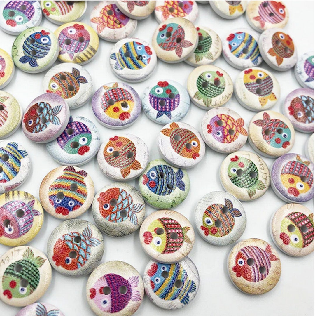 10 Wooden Buttons Round Fish Maritime 15 Mm VINTAGE Button Children's ...