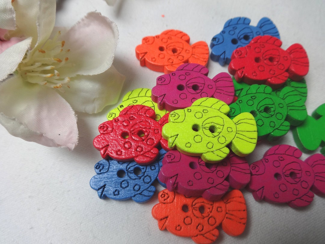 10 Wood Fish Buttons 24 X 17 Mm NEON Fish Button Kids Buttons Baby ...