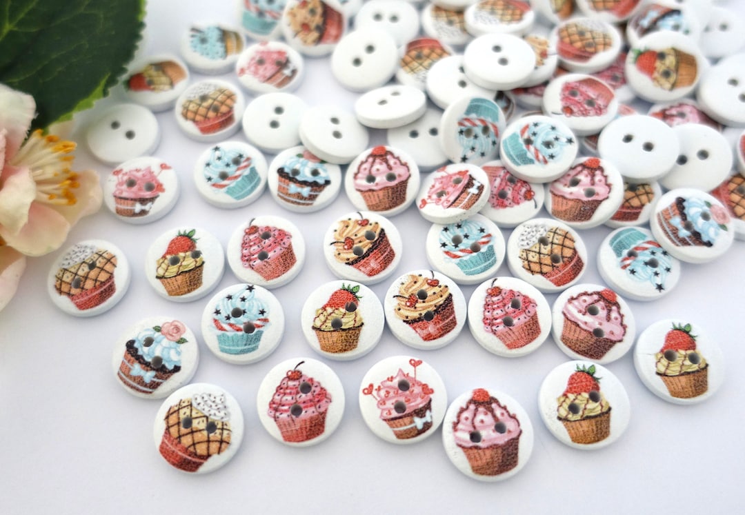 10 Wooden Cupcake Buttons 15 Mm Cake Muffin Cake Sweet Round VINTAGE ...