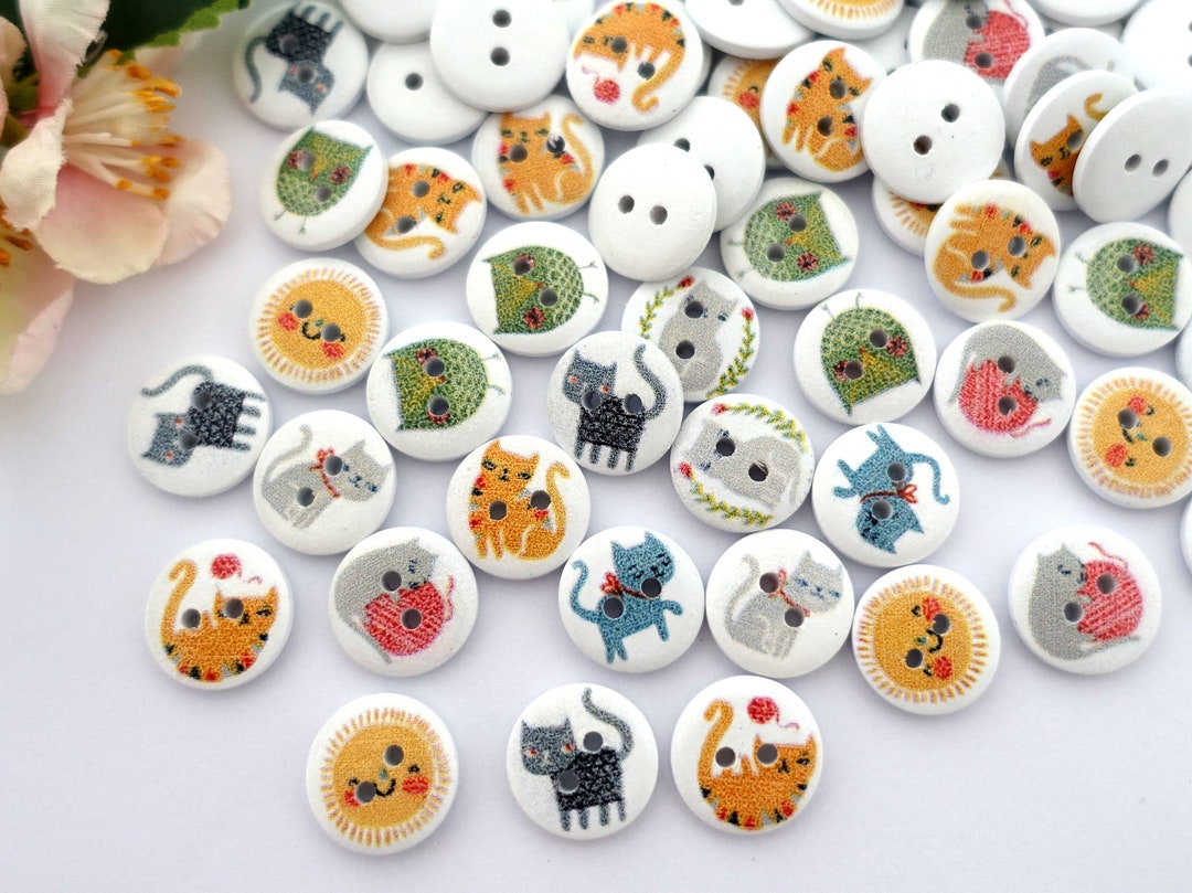 10 Wooden Animals Cat Owl Sun Round Buttons 15 Mm VINTAGE Button ...