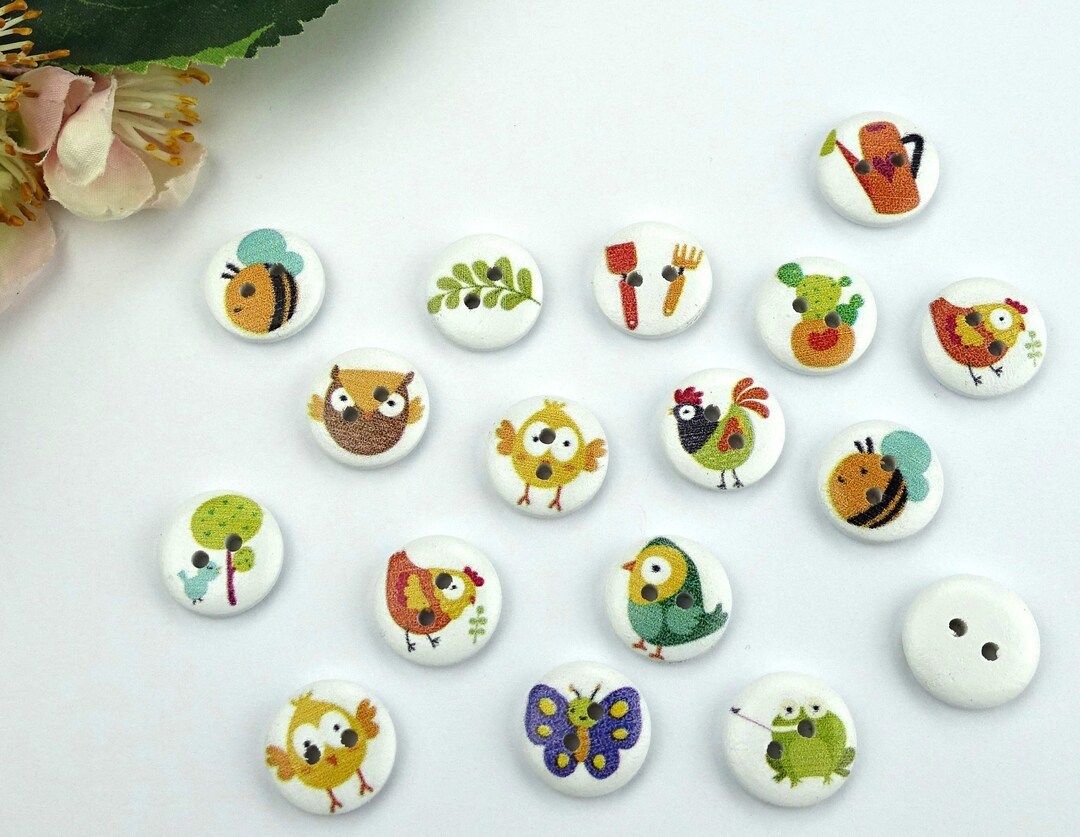 10 Wooden Buttons Farm Animals Round 15 Mm VINTAGE Button Children's ...
