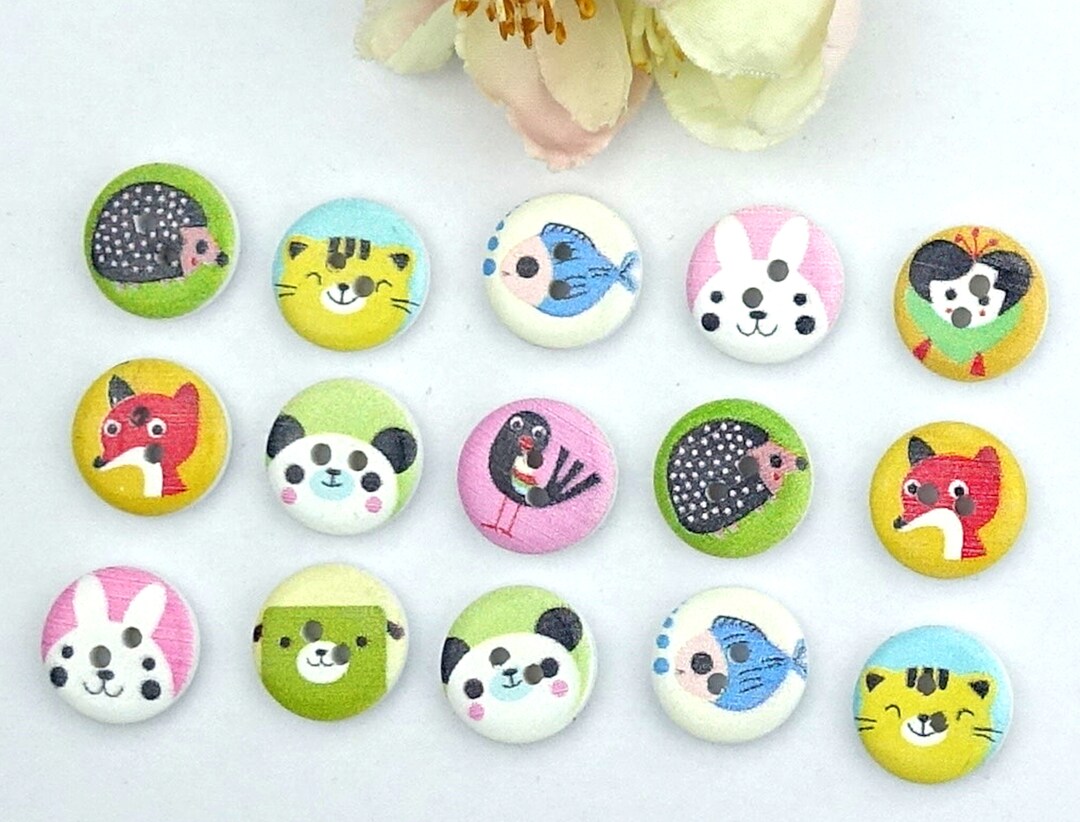 10 Wooden Animals Zoo Round Buttons 15 Mm VINTAGE Button Children's ...