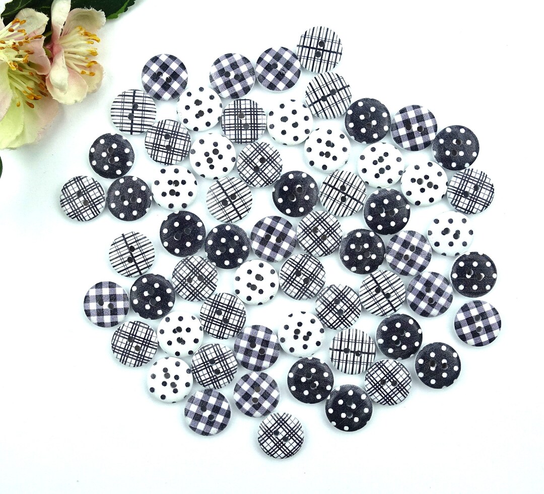10 Wooden Buttons Round 15 Mm Black White Stripes Dots Check Pattern ...