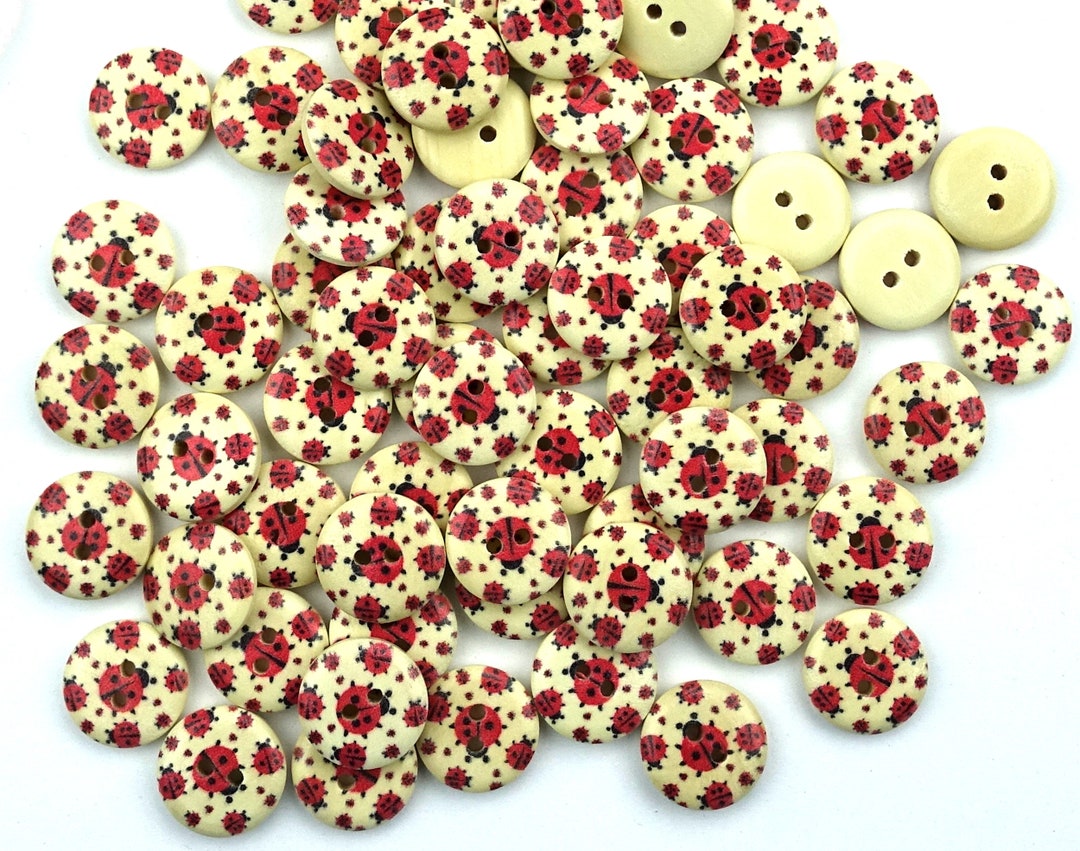 10 Wooden Ladybug Round Natural Buttons 15 Mm VINTAGE Button Children's ...